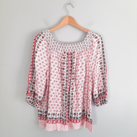 intro. | Tops | Intro Red White Square Neck Bohemian Patterned Top ...